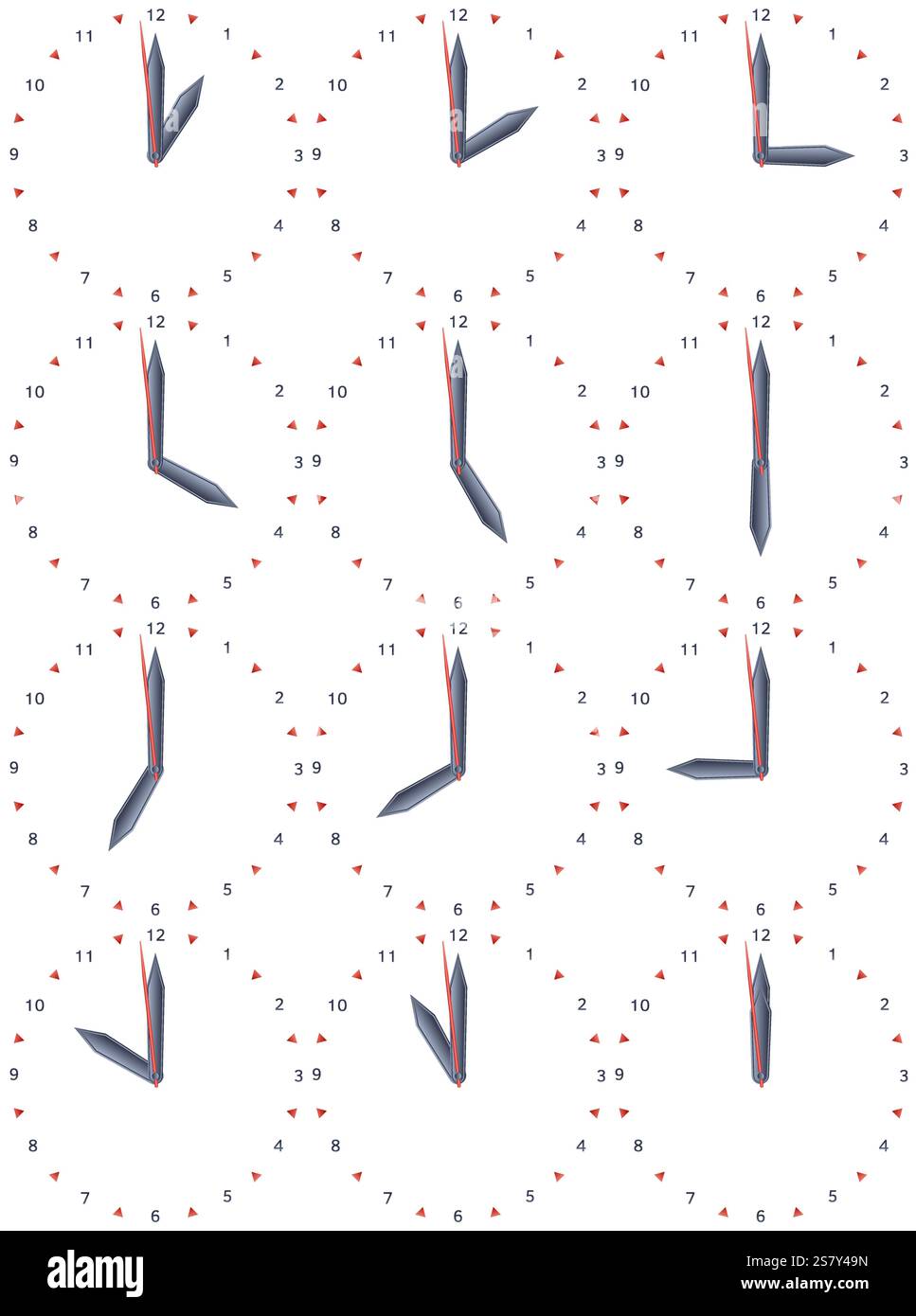 A set of mechanical clocks with an image of each of the twelve hours ...