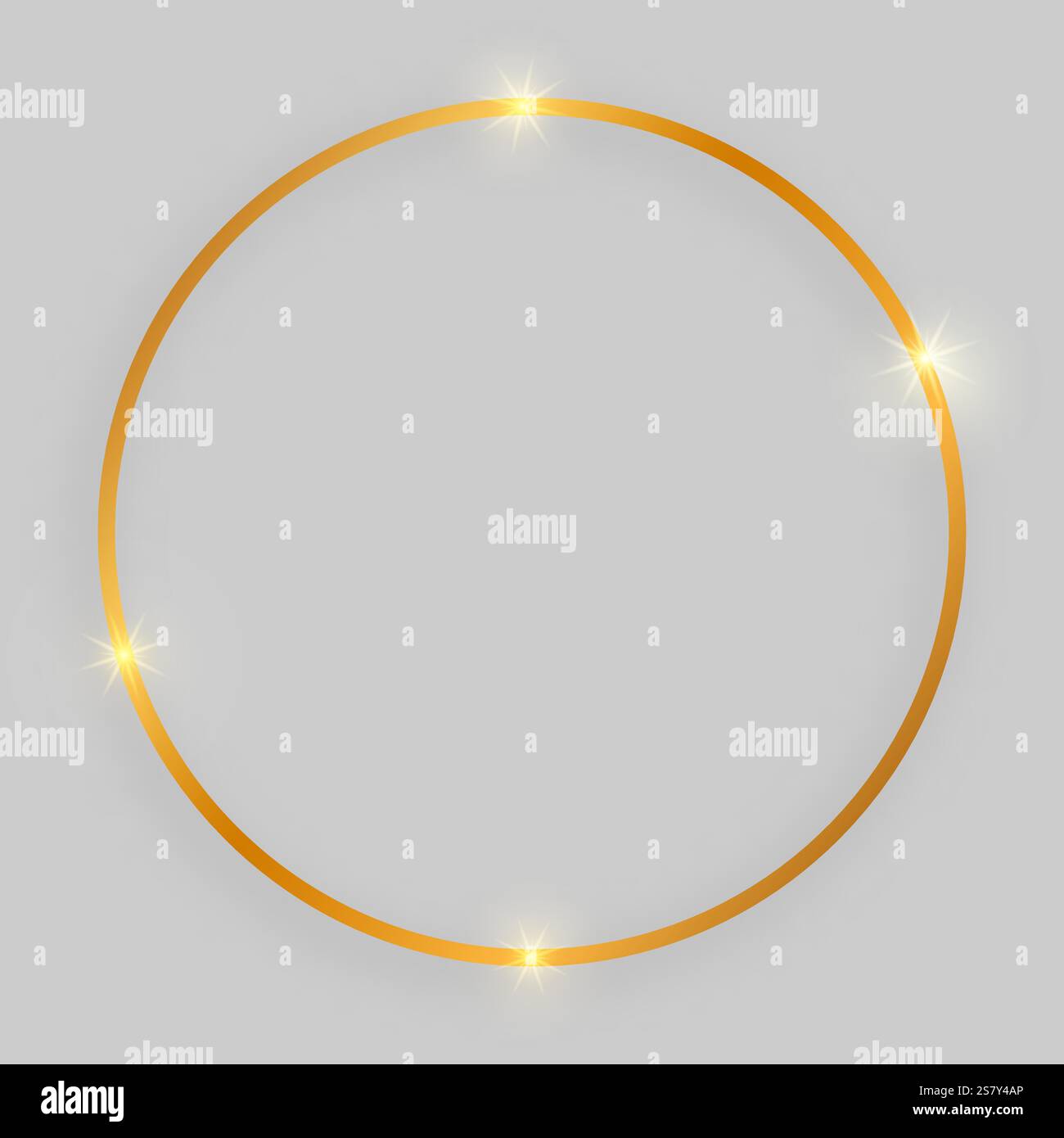 Shiny frame with glowing effects. Gold round frame with shadow on grey ...
