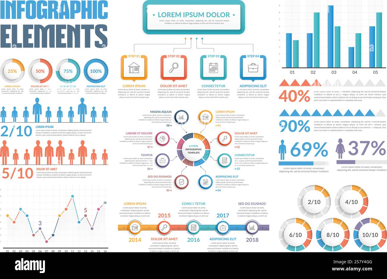 Infographic elements - bar and line charts, people infographics, circle ...