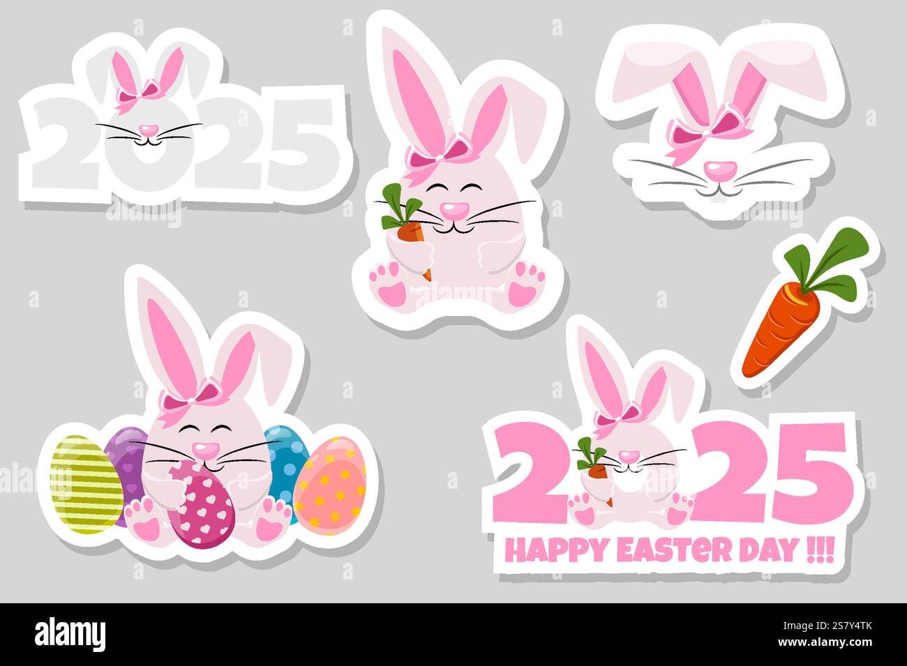 Spring Easter sticker set with rabbits, carrot and 2025. Bunny with ...