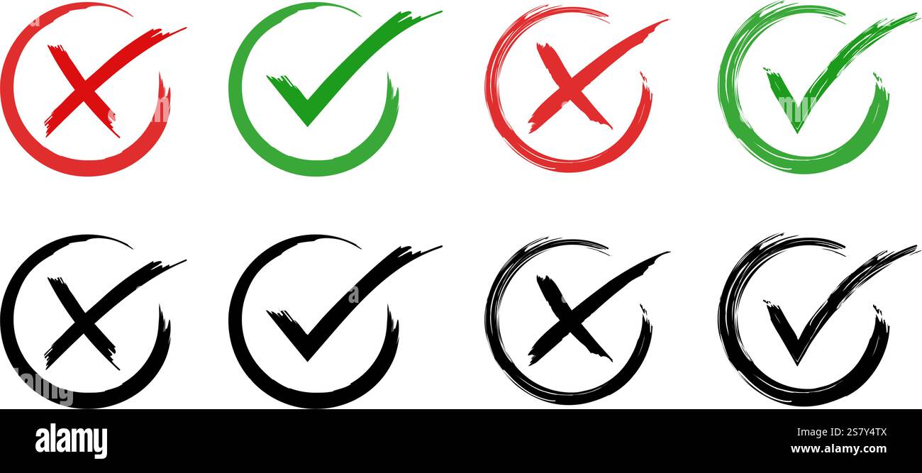 check mark, cross, x mark icon set in green, red, and black colors, Hand drawn right and wrong ...