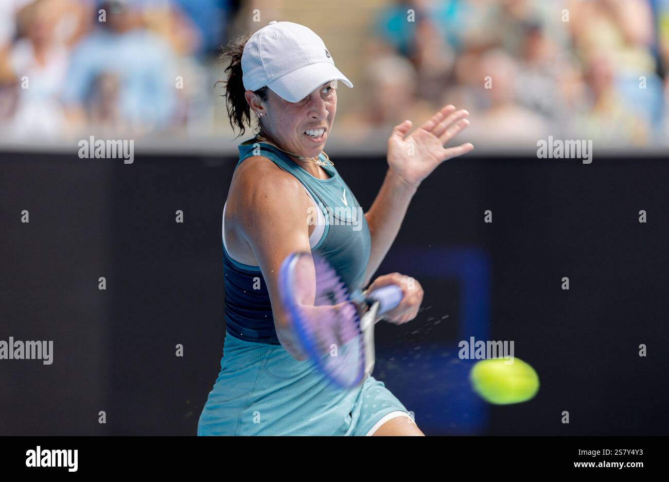 Melbourne, Australia. 20th Jan, 2025. Madison Keys hits a return during ...