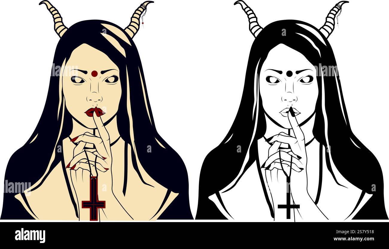 Drawing of a nun girl with an inverted cross and horns Stock Vector ...
