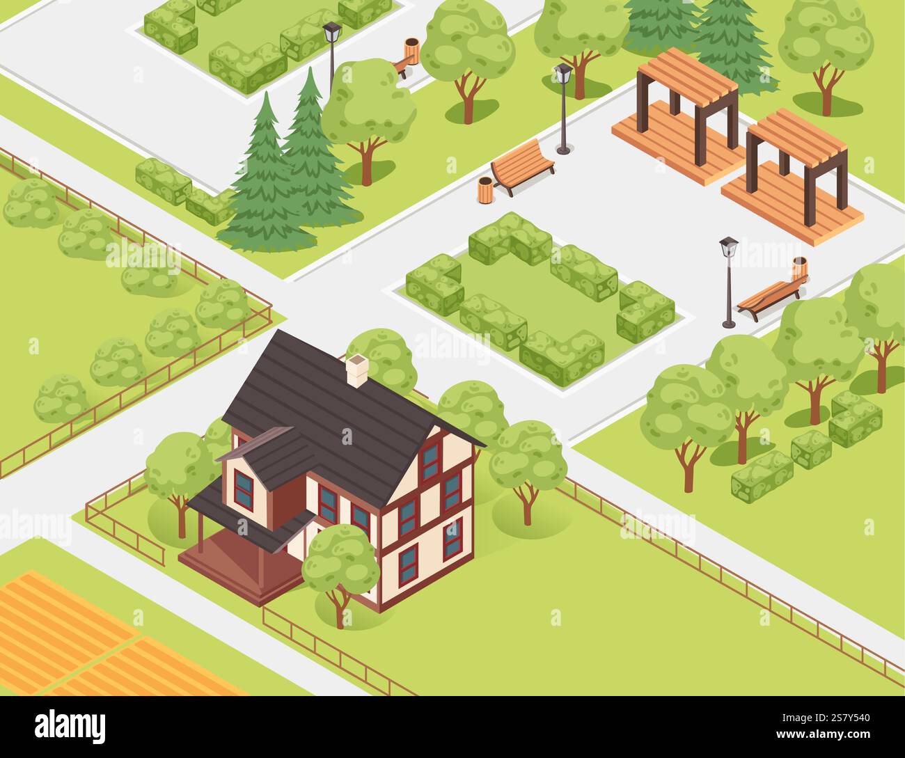 Isometric residential area with houses, a garden, and a park. Great for ...