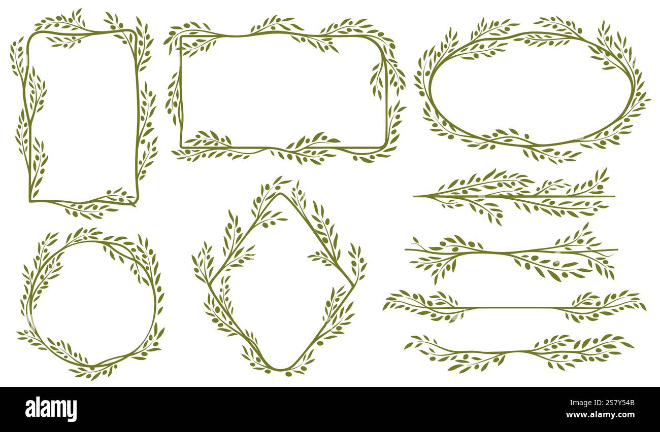 Green olive frames and borders with leaves, tree branches and fruits ...