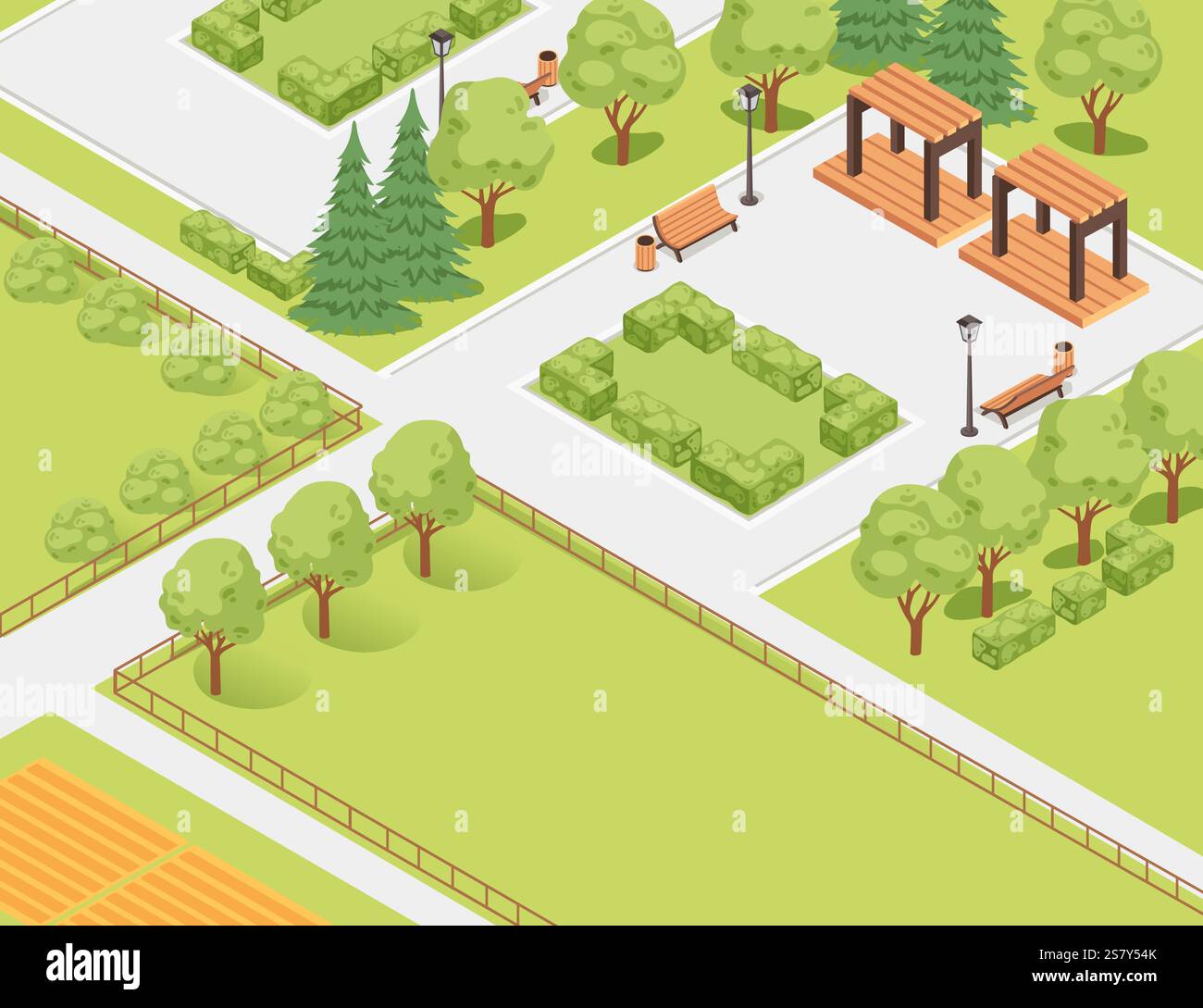 Isometric layout of park, and pathways surrounded by trees. Perfect for ...