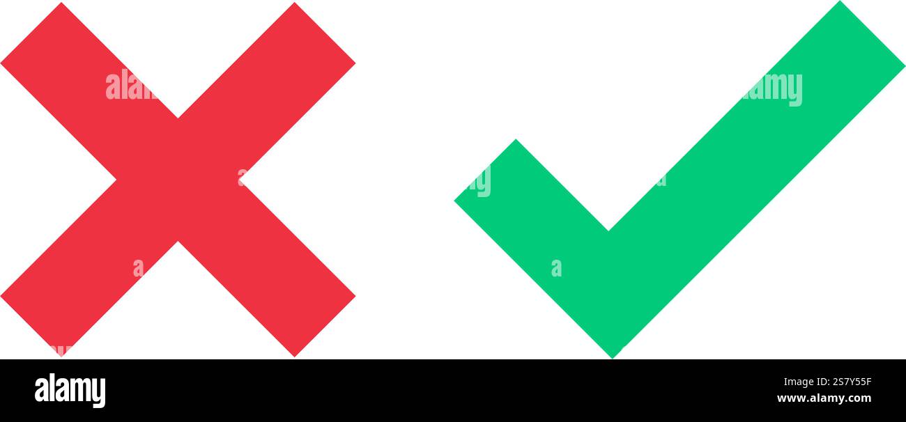 Green check mark, red cross, x mark icon set, flat right and wrong vector sign concept. Correct ...