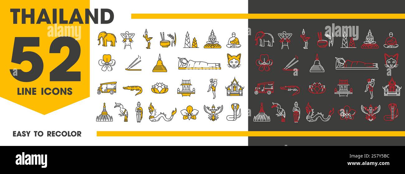 Thailand travel and landmark line icons of thai tourism, culture and ...