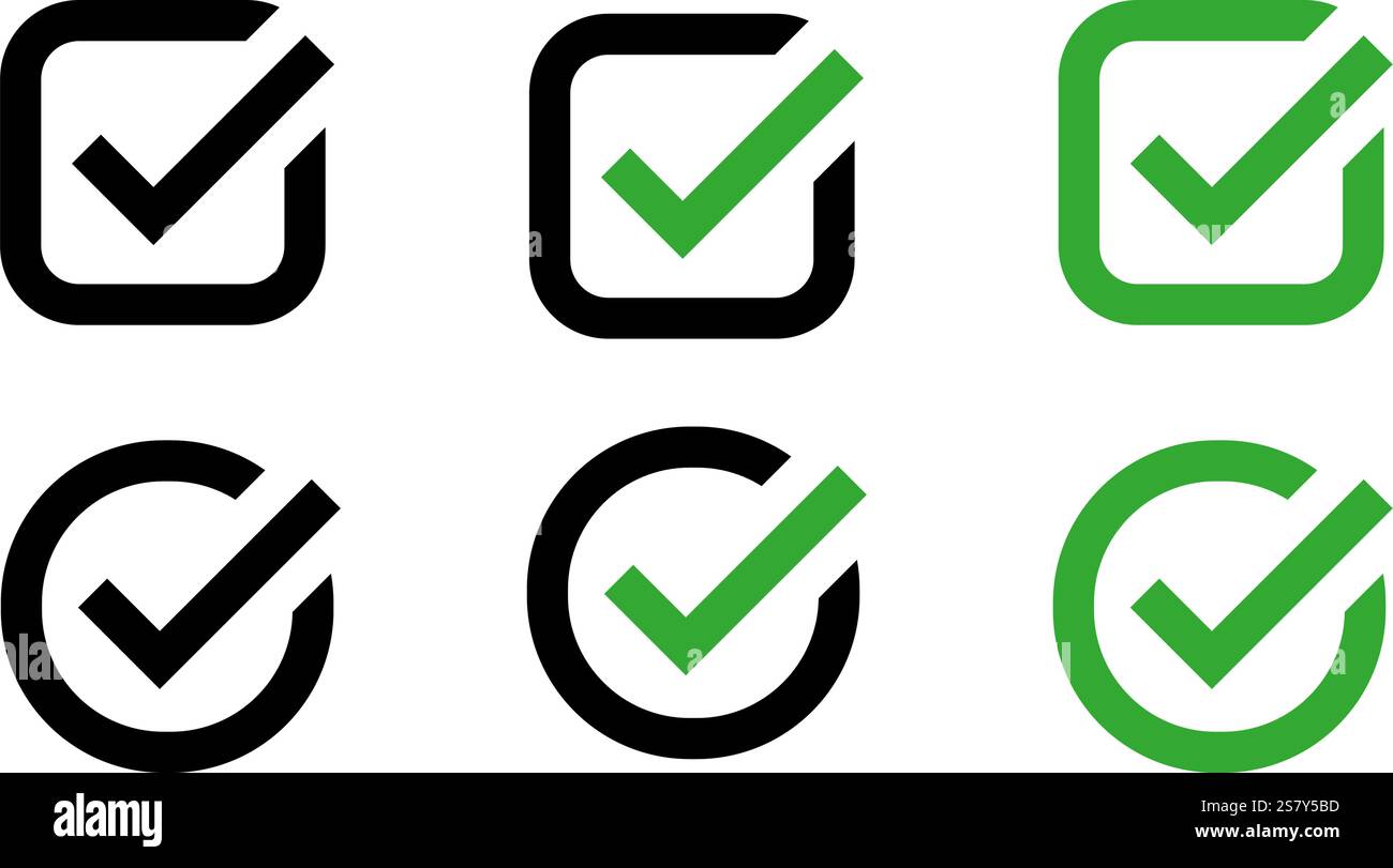Green check mark icon, checkbox or approved symbol in circle and square ...