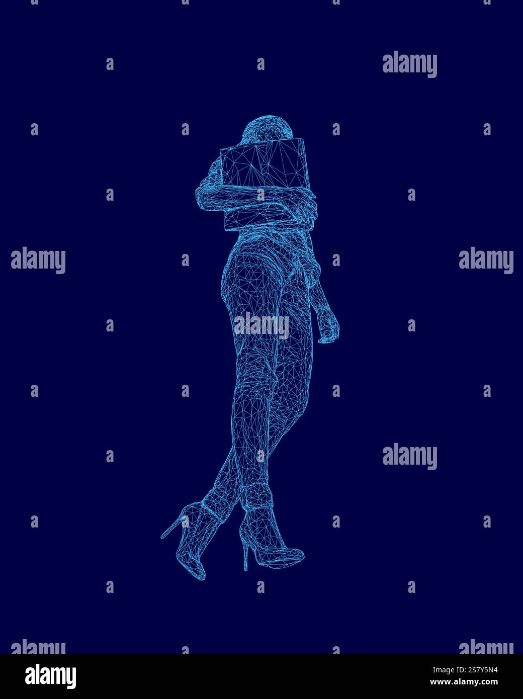 Woman is standing in a blue background with her arms around her legs ...