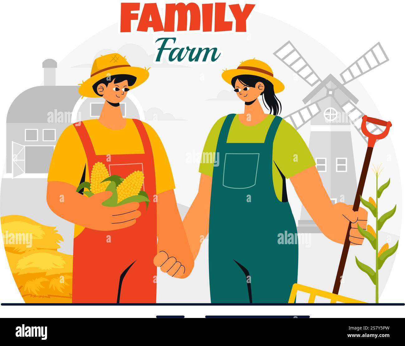 Family Farm Vector Illustration Featuring a Mother and Father Working ...