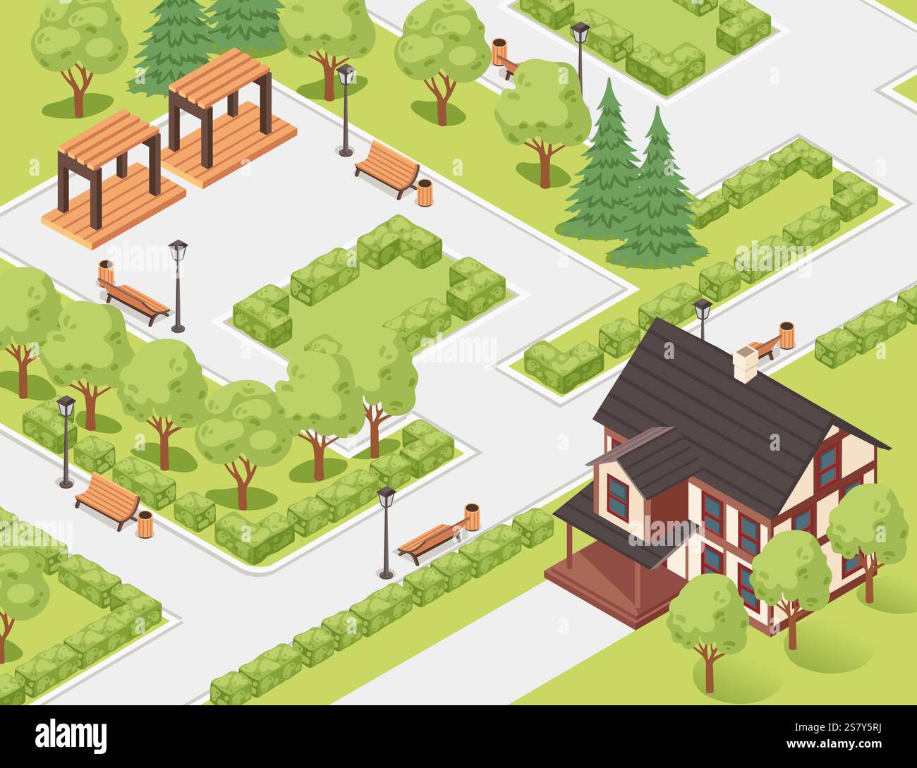 Isometric park with trees, benches, and pathways in a residential area ...