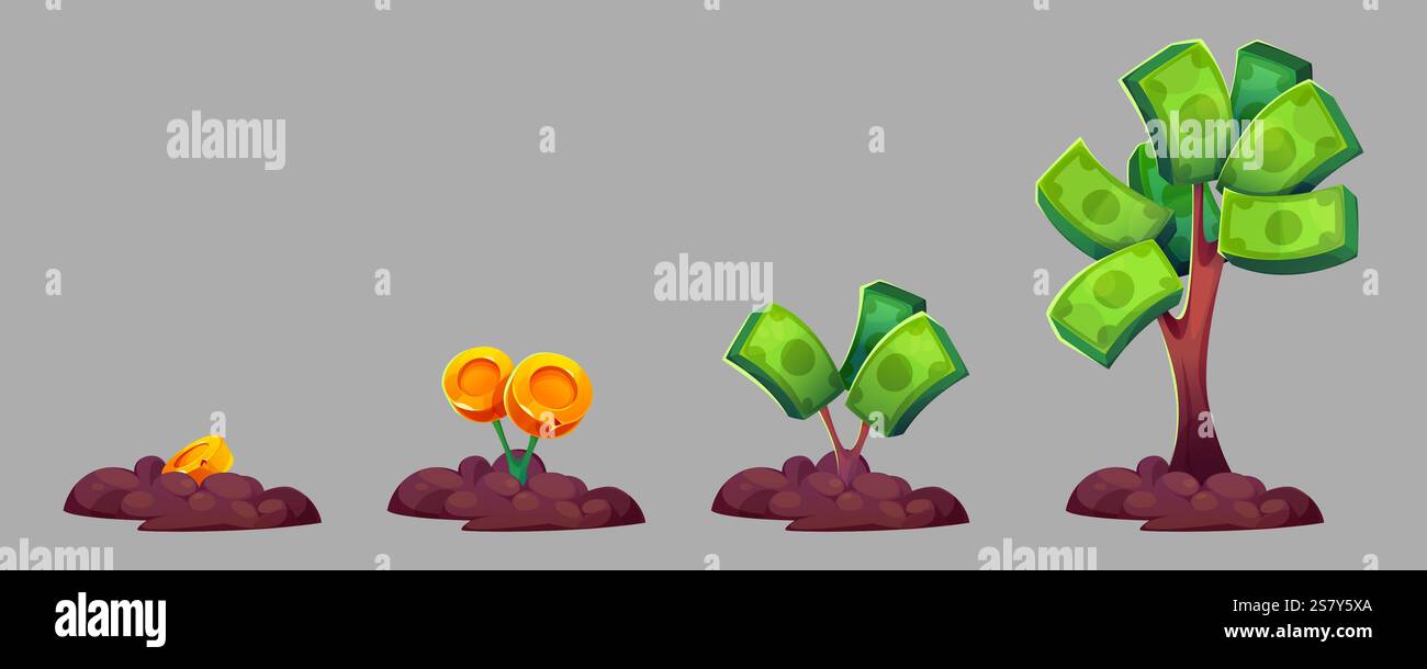 Money tree cartoon growth stages - golden coin seed sprouting into ...