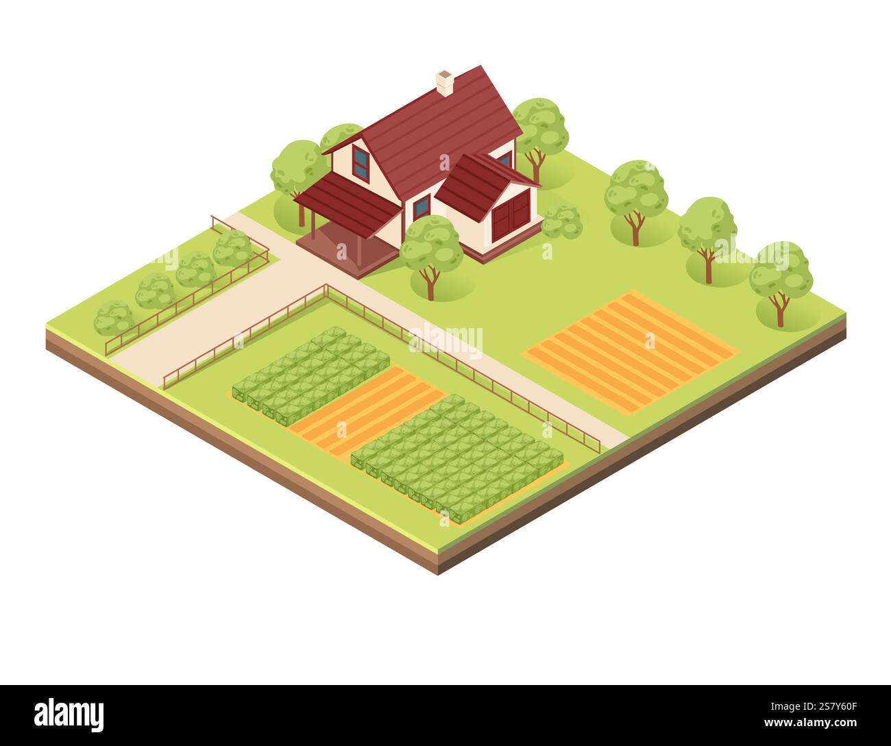 Isometric block with layers of earth. Farm with a red house, vegetable ...