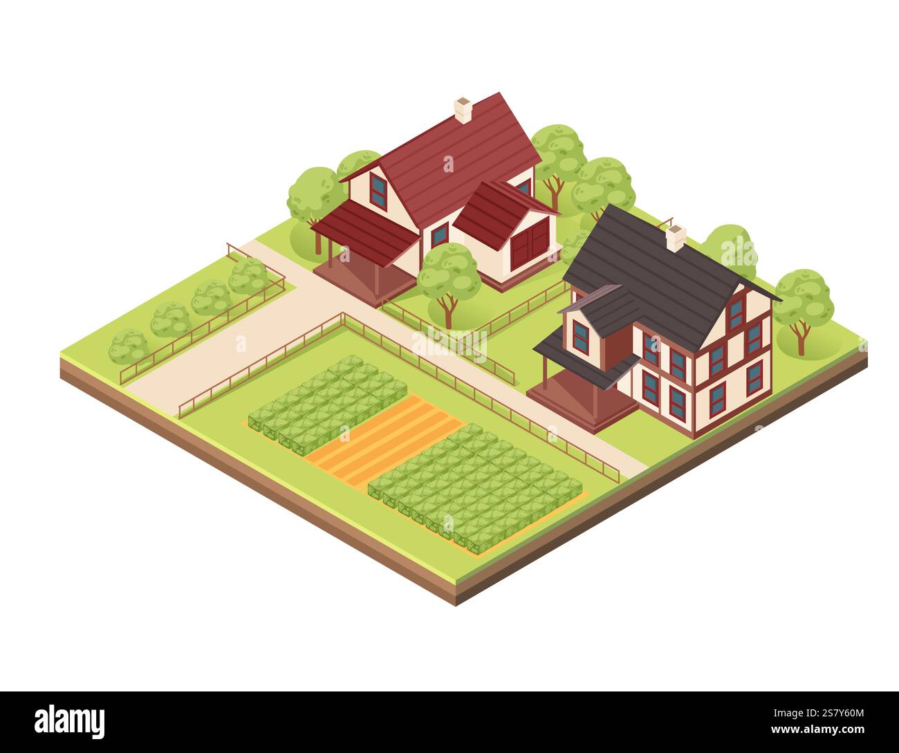 Isometric block with layers of earth. Farm with houses, solar panels ...