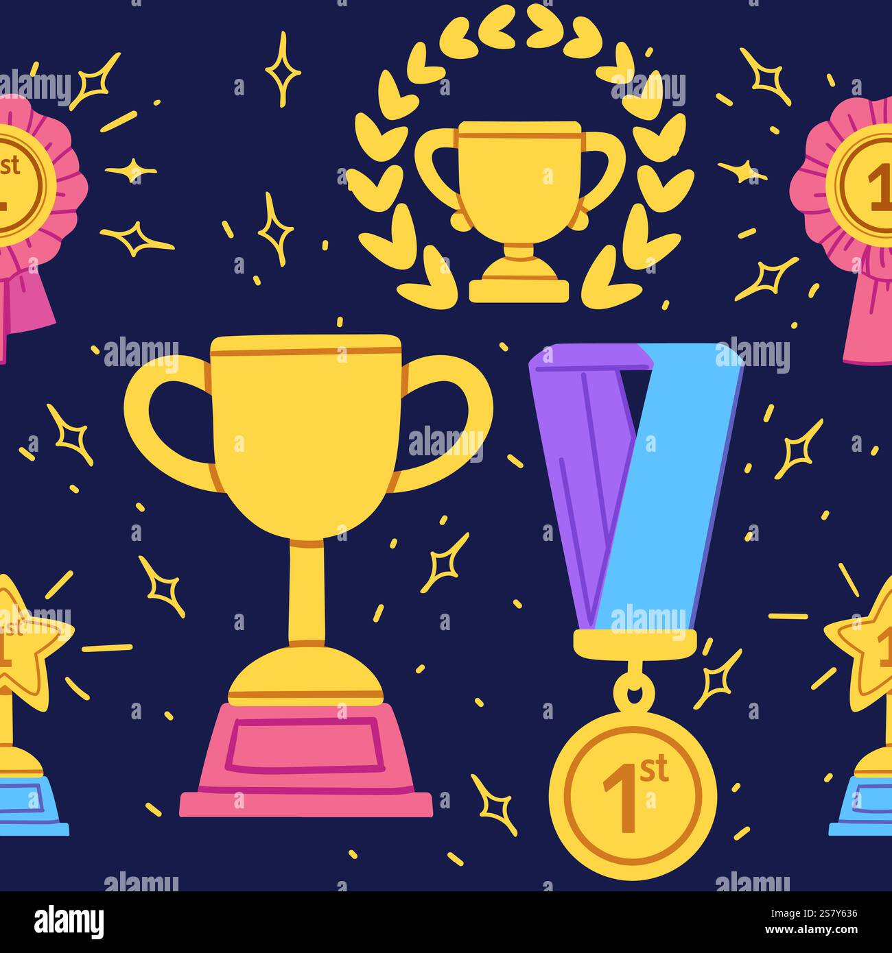 Decorative design of golden trophies, medals, and laurels on a dark background. Great for awards ...
