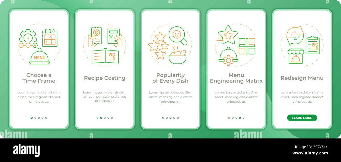 Steps of menu engineering app onboarding screens Stock Vector Image ...