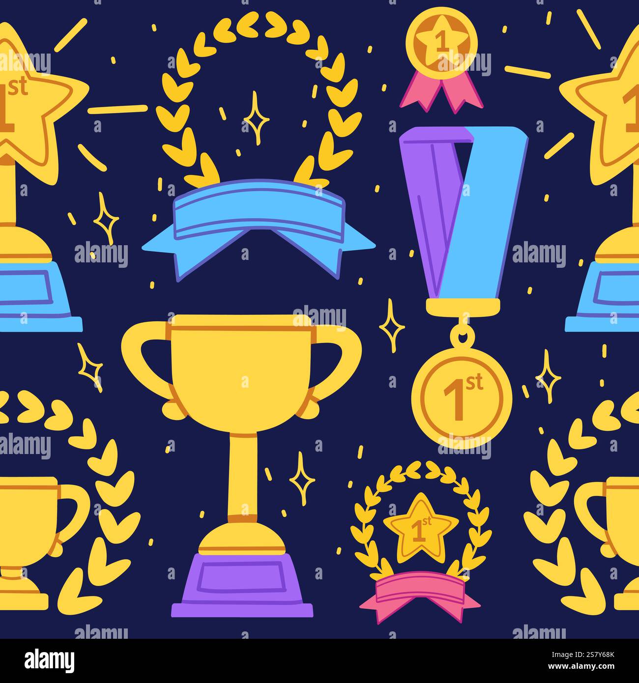 Decorative layout of trophies, medals, and ribbons in gold, silver, and ...