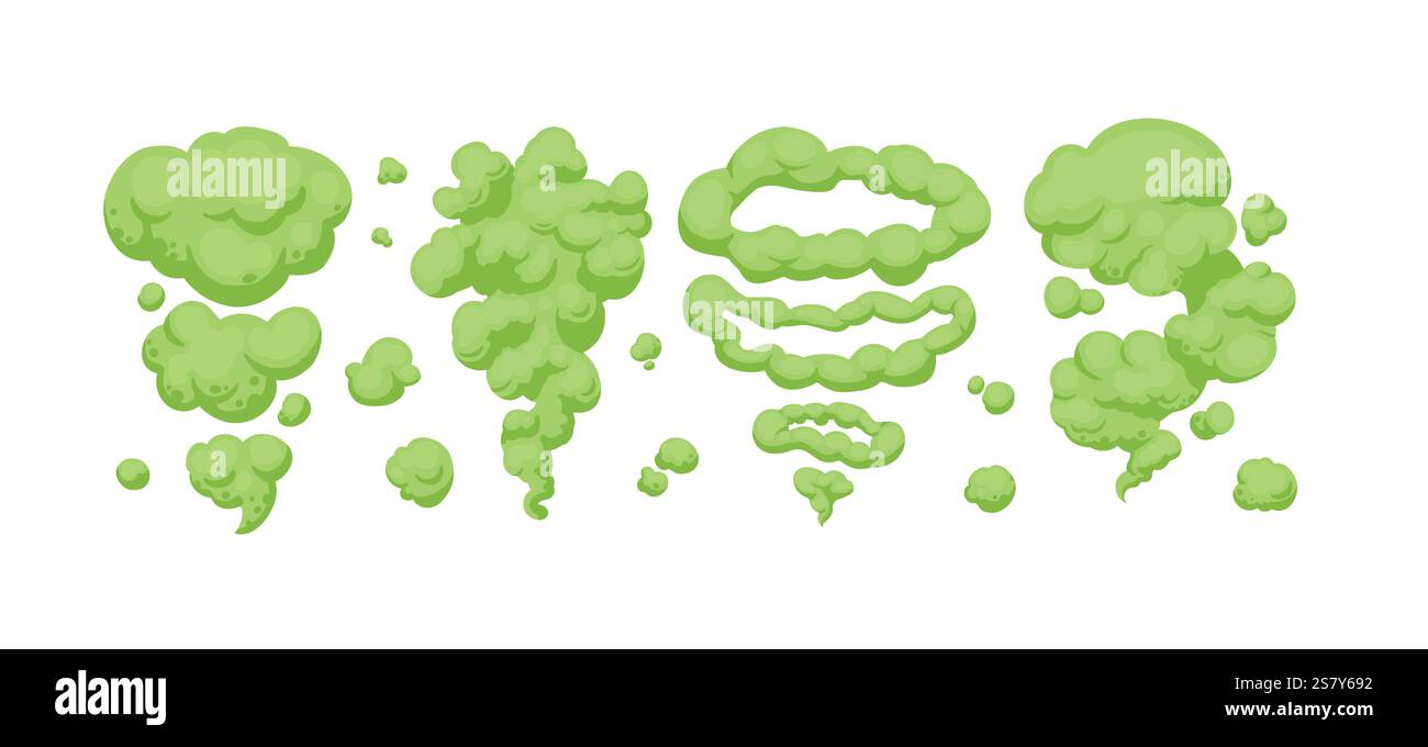 Green smoke clouds. Cartoon stream clouds, comic dust steaming, bright ...