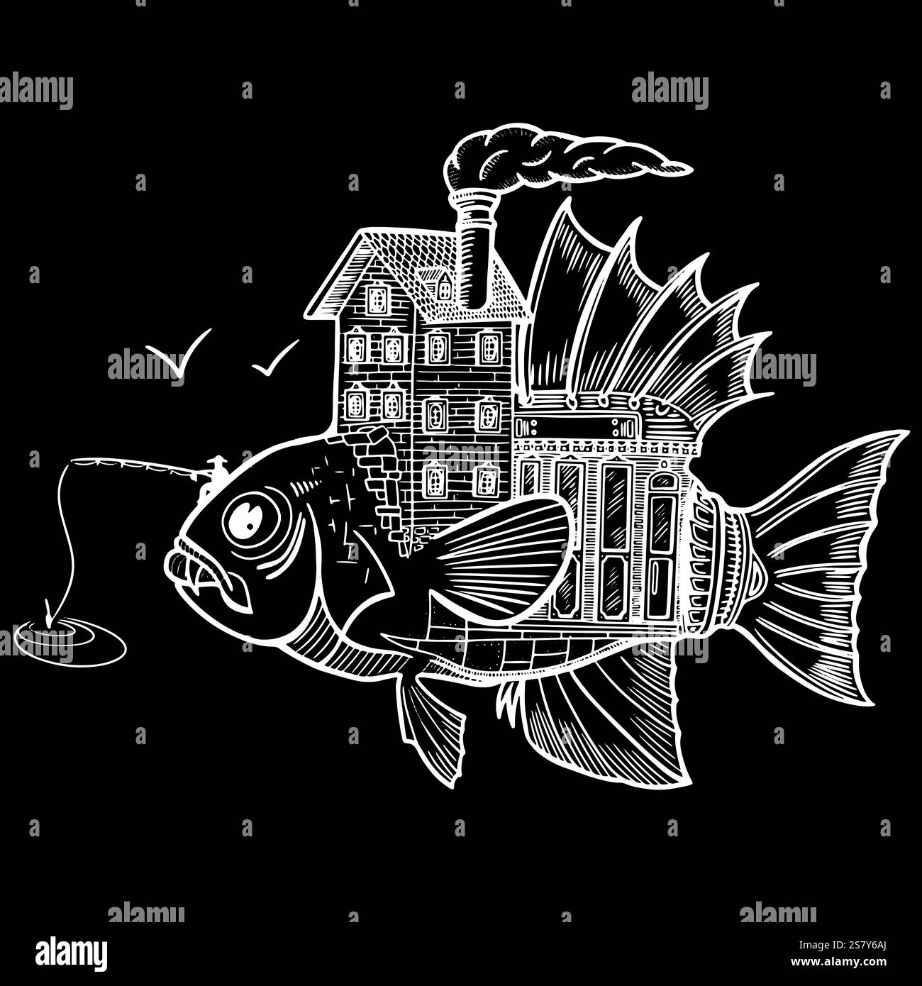 Abstract man fishing, riding on a fish city floating in the air Stock ...