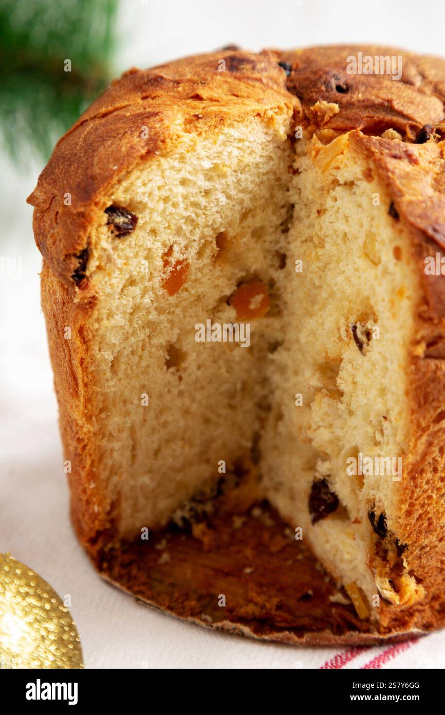 Homemade Italian Panettone Bread with Dried Fruit, side view. Close-up ...