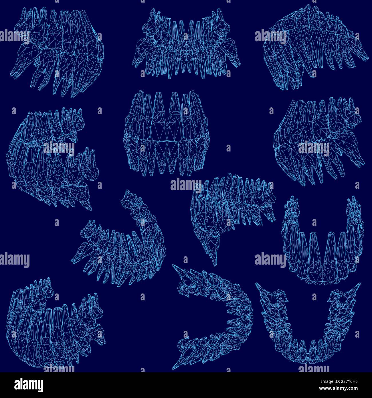 Series of blue images of teeth. The images are all different sizes and ...