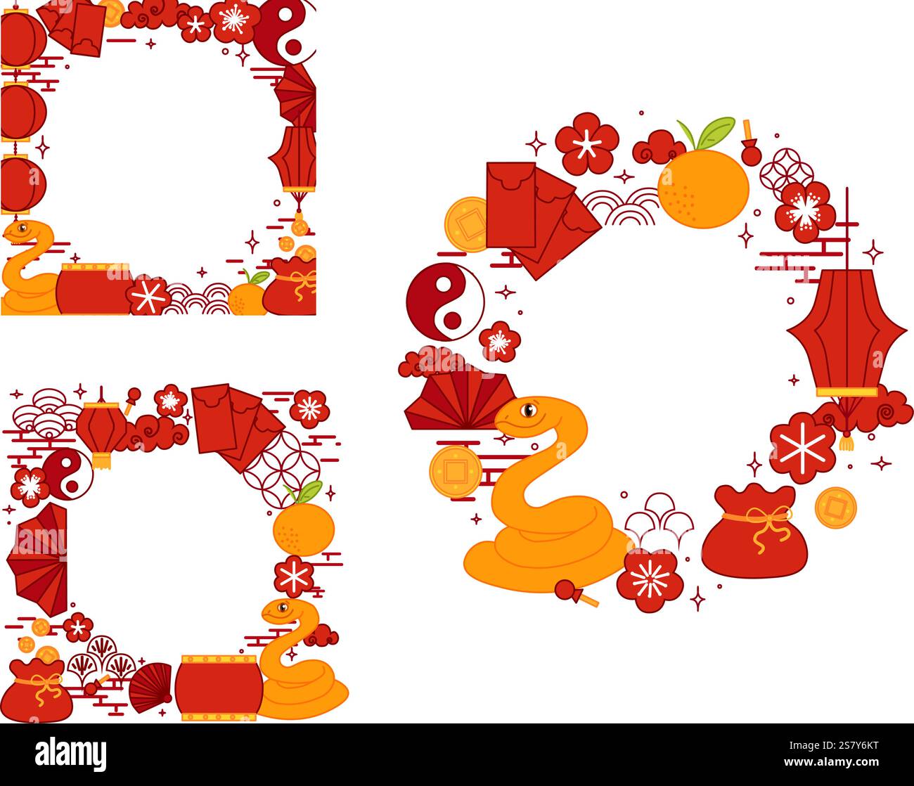 Chinese New year of snake vector graphic line round circle frame set ...