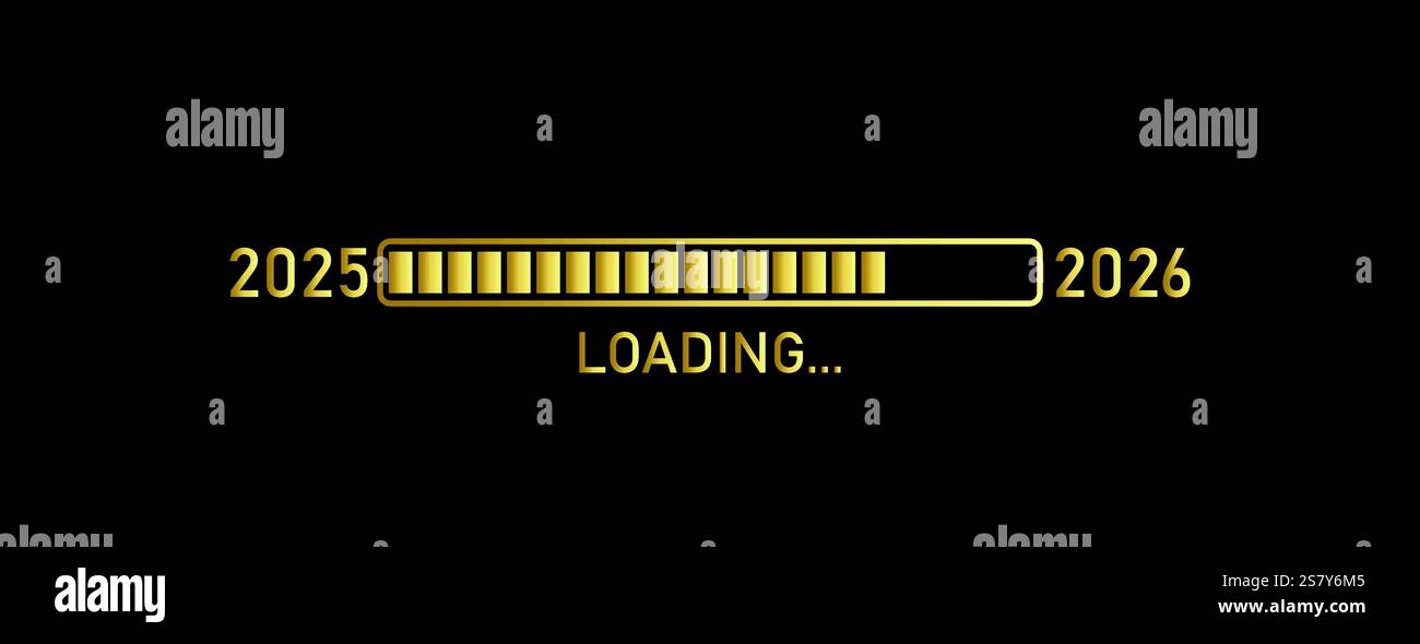 Loading progress bar of 2025, 2026. Golden loading bar on black background. Vector illustration ...
