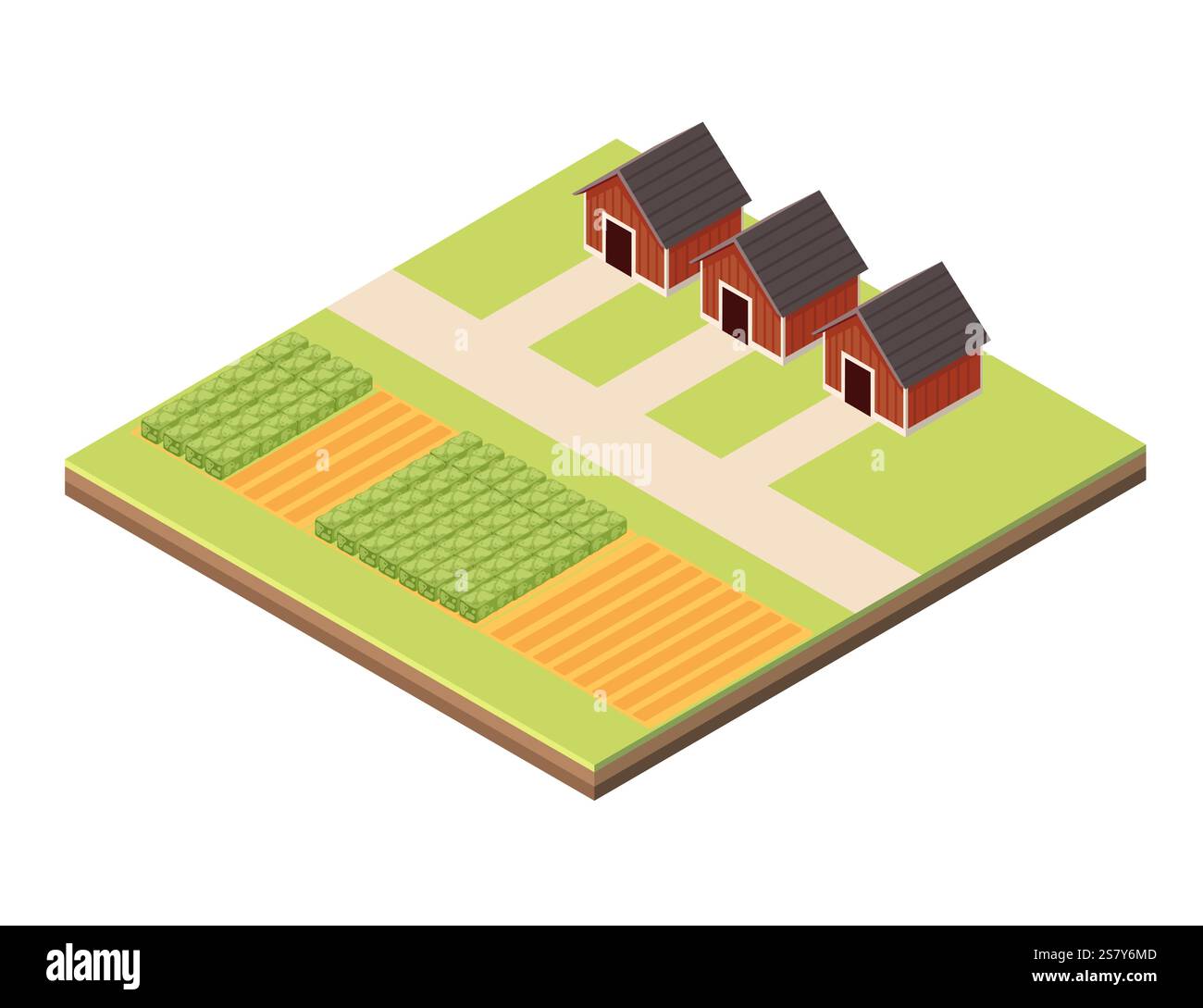 Isometric block with layers of earth. Farmland with fields, pathways ...