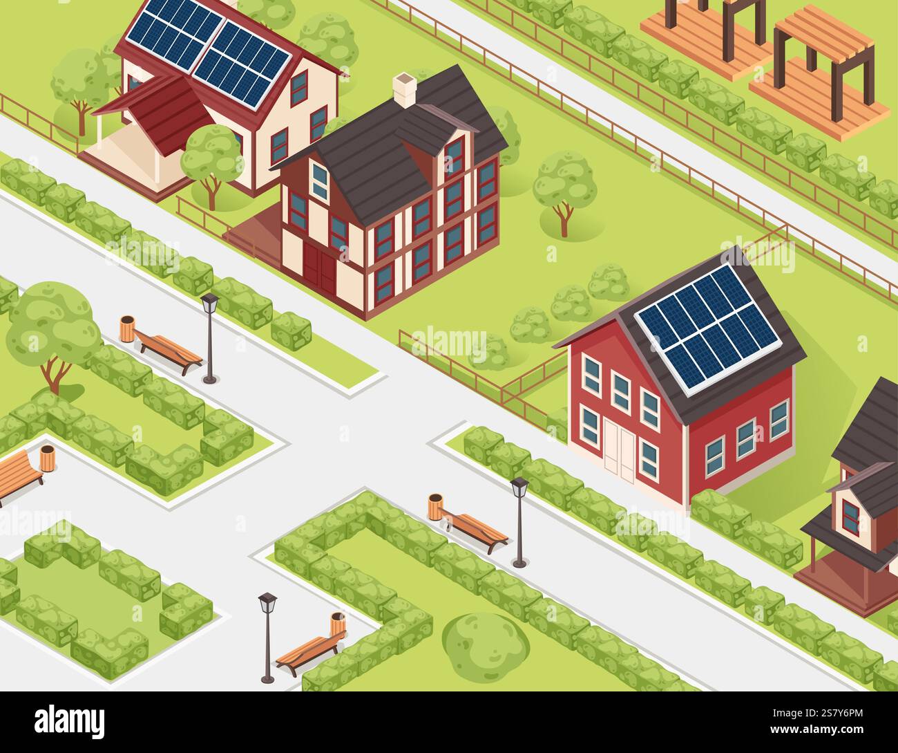 Isometric street view with houses, solar panels, and greenery. Great ...