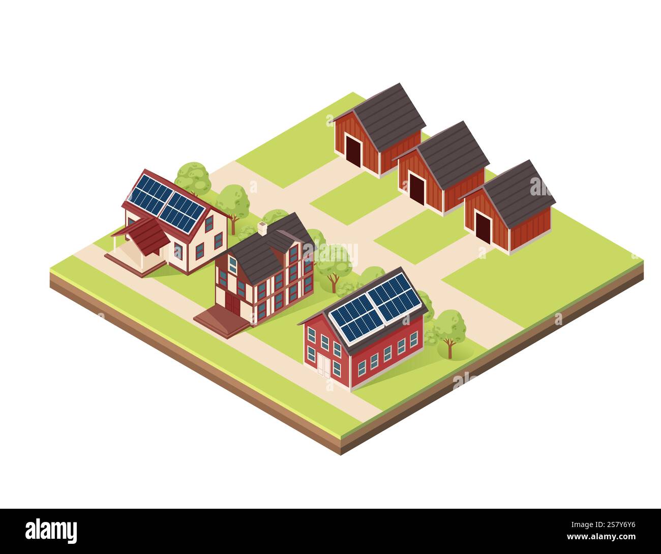 Isometric block with layers of earth. Rural scene with multiple houses ...