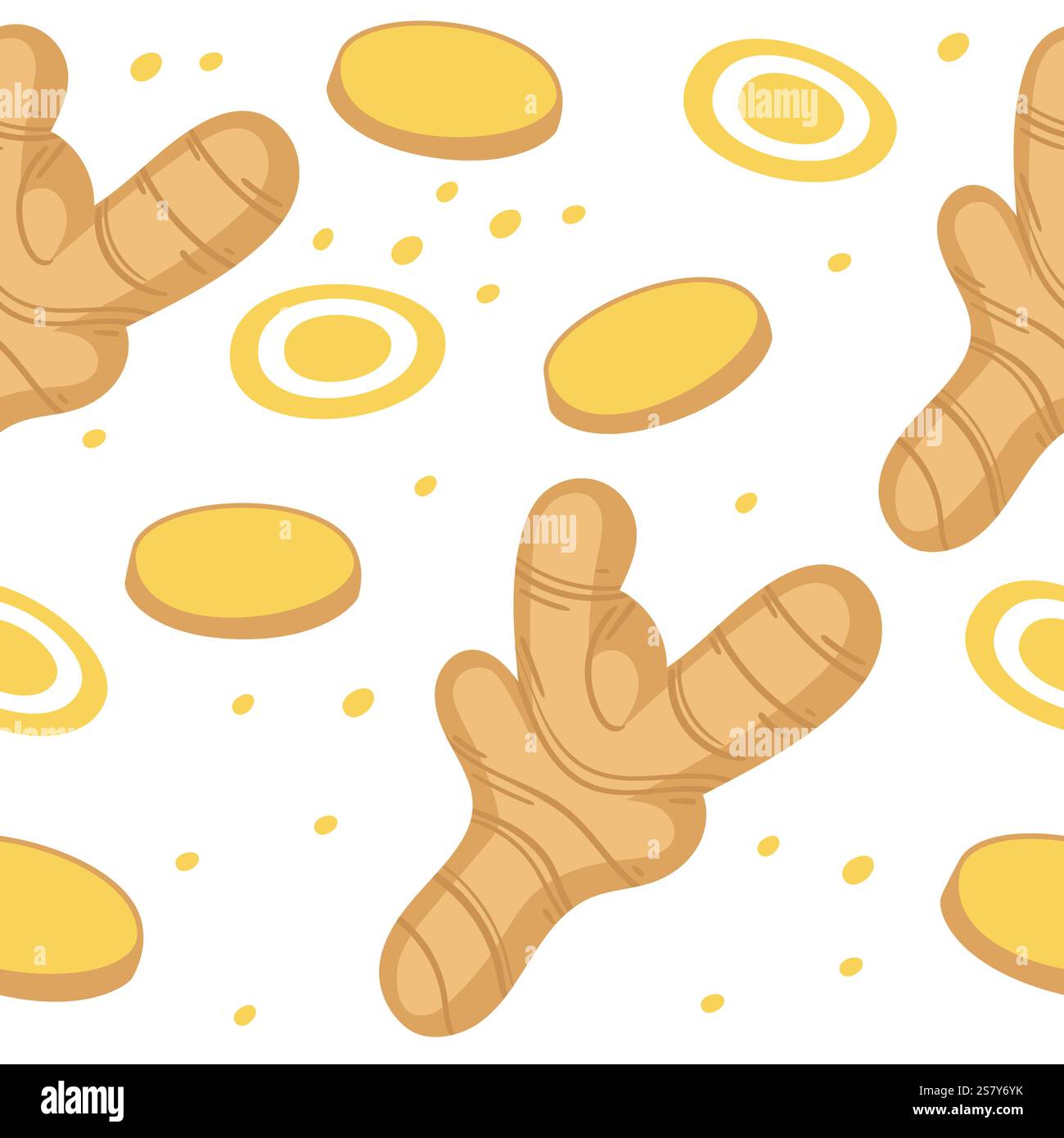 Seamless pattern. Ginger root and slice. Vegan plant, aroma spice ...