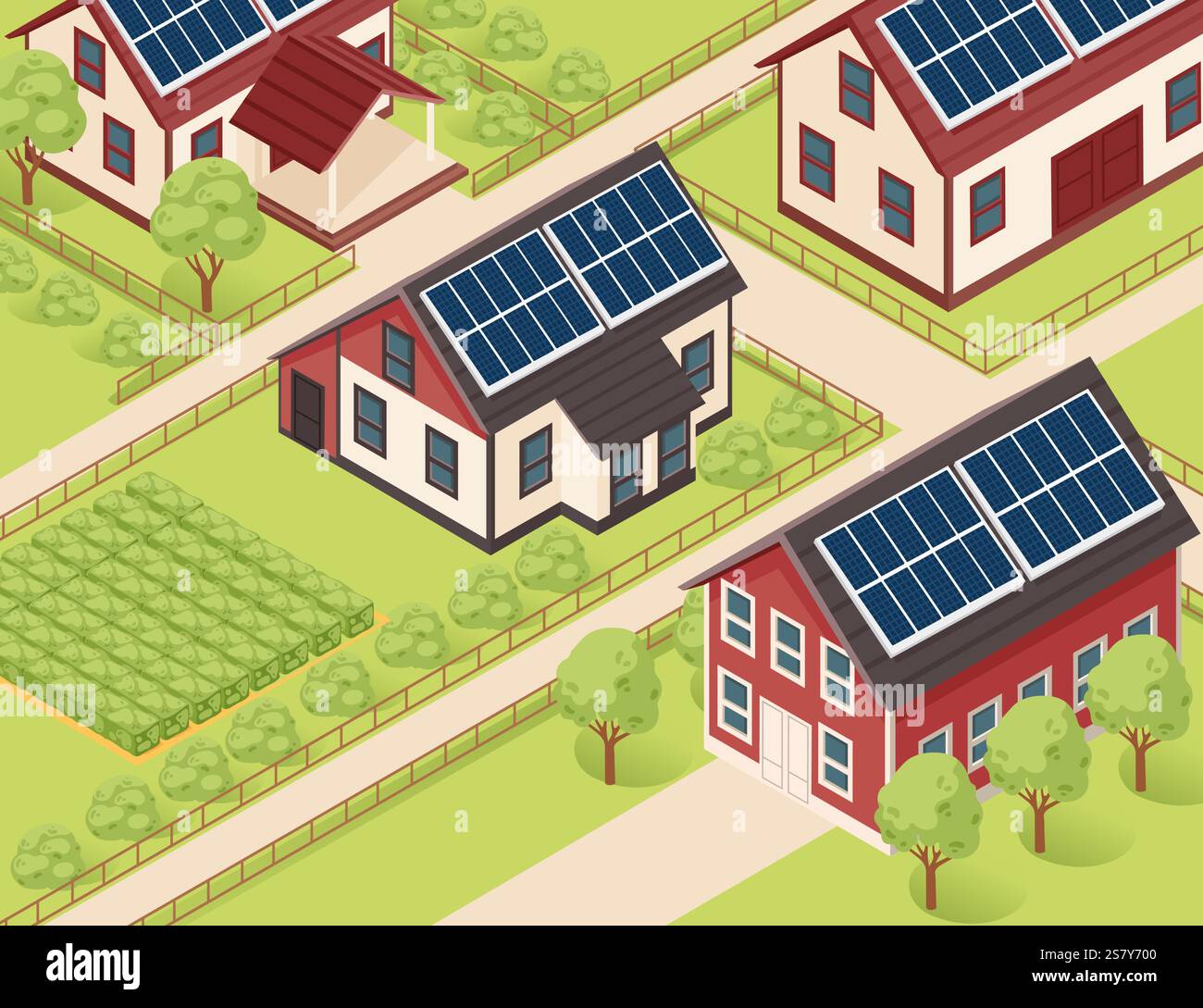Isometric housing layout with solar-powered homes, vegetable plots ...