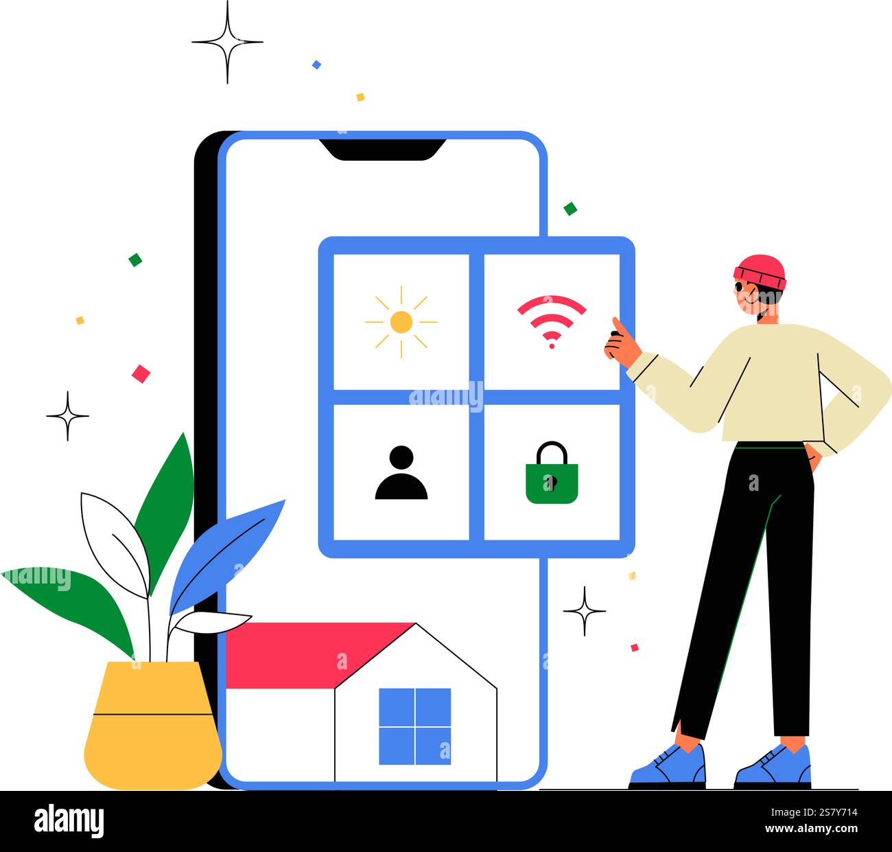 Male Character Managing Smart Home System Through A Mobile App In Flat ...