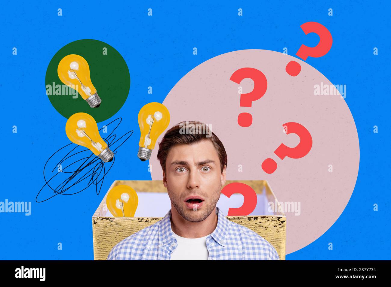 Creative sketch collage of astonished man open mouth think decision ...
