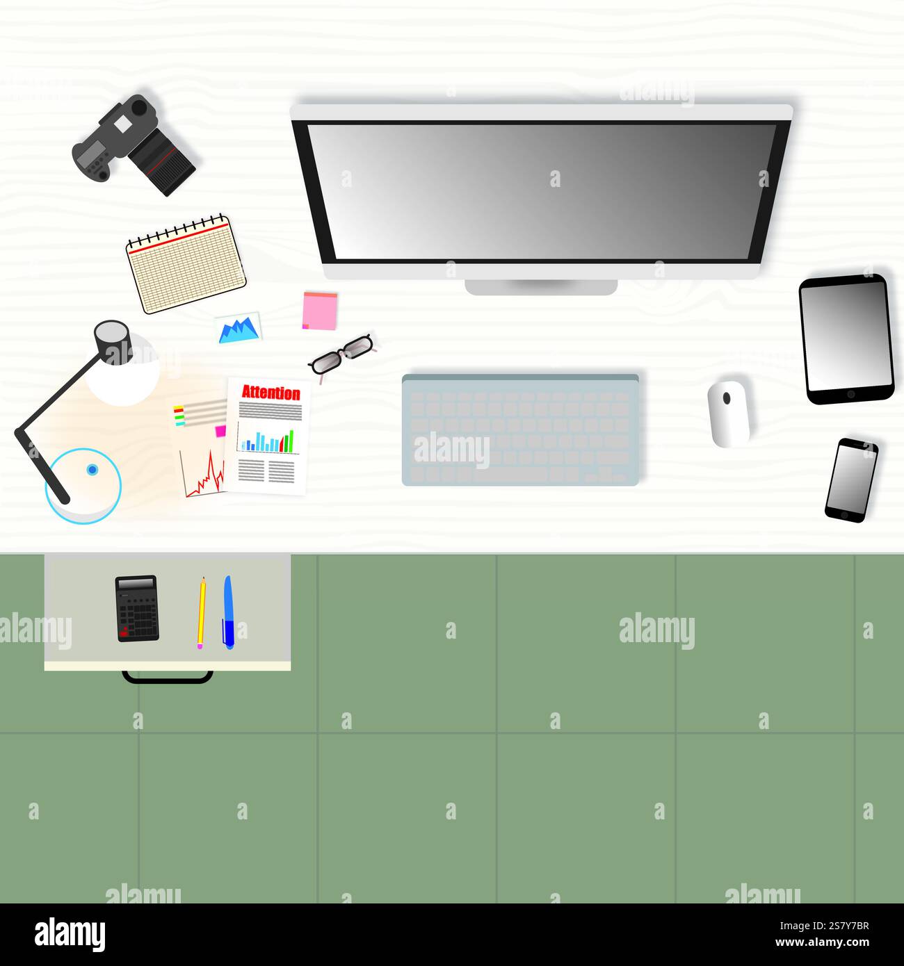 Vector illustration. Office desk workspace top view with PC computer ...