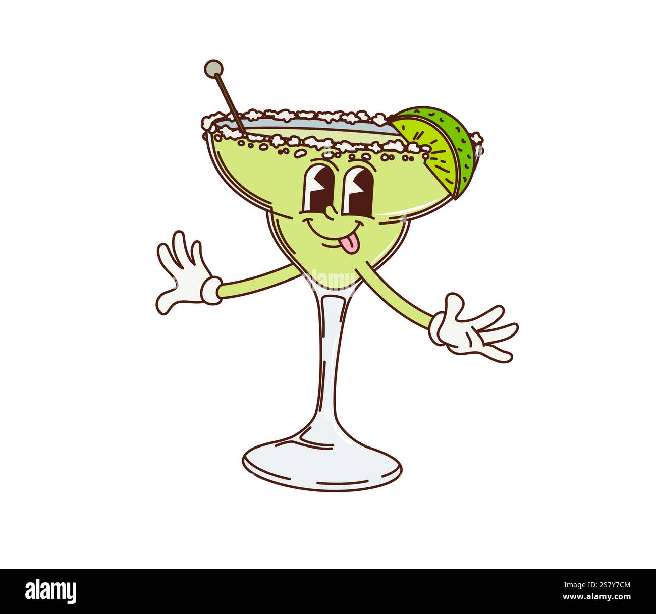 Cartoon retro groovy margarita cocktail character with a salted rim ...