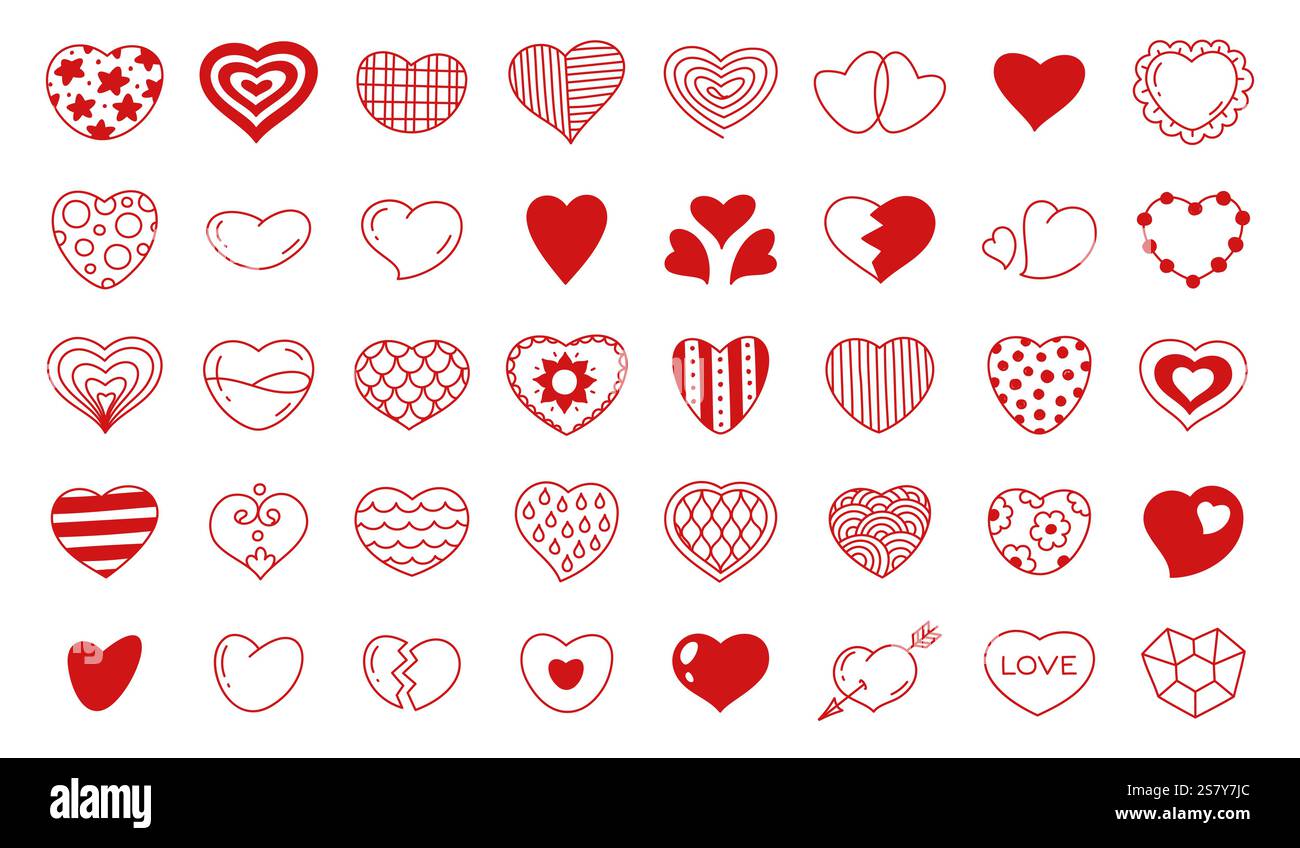 Doodle valentines day hearts. Red love symbols, romantic holiday icons ...