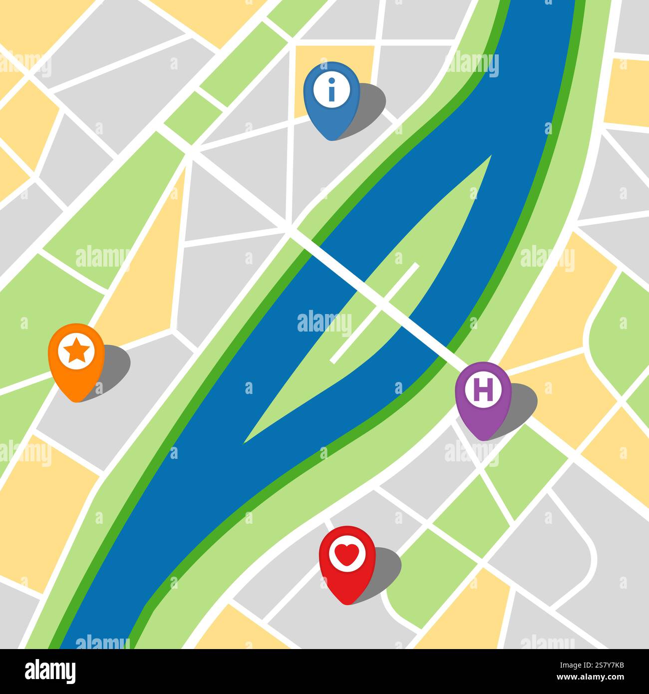 City map of an imaginary city with a river and four pins. Vector ...