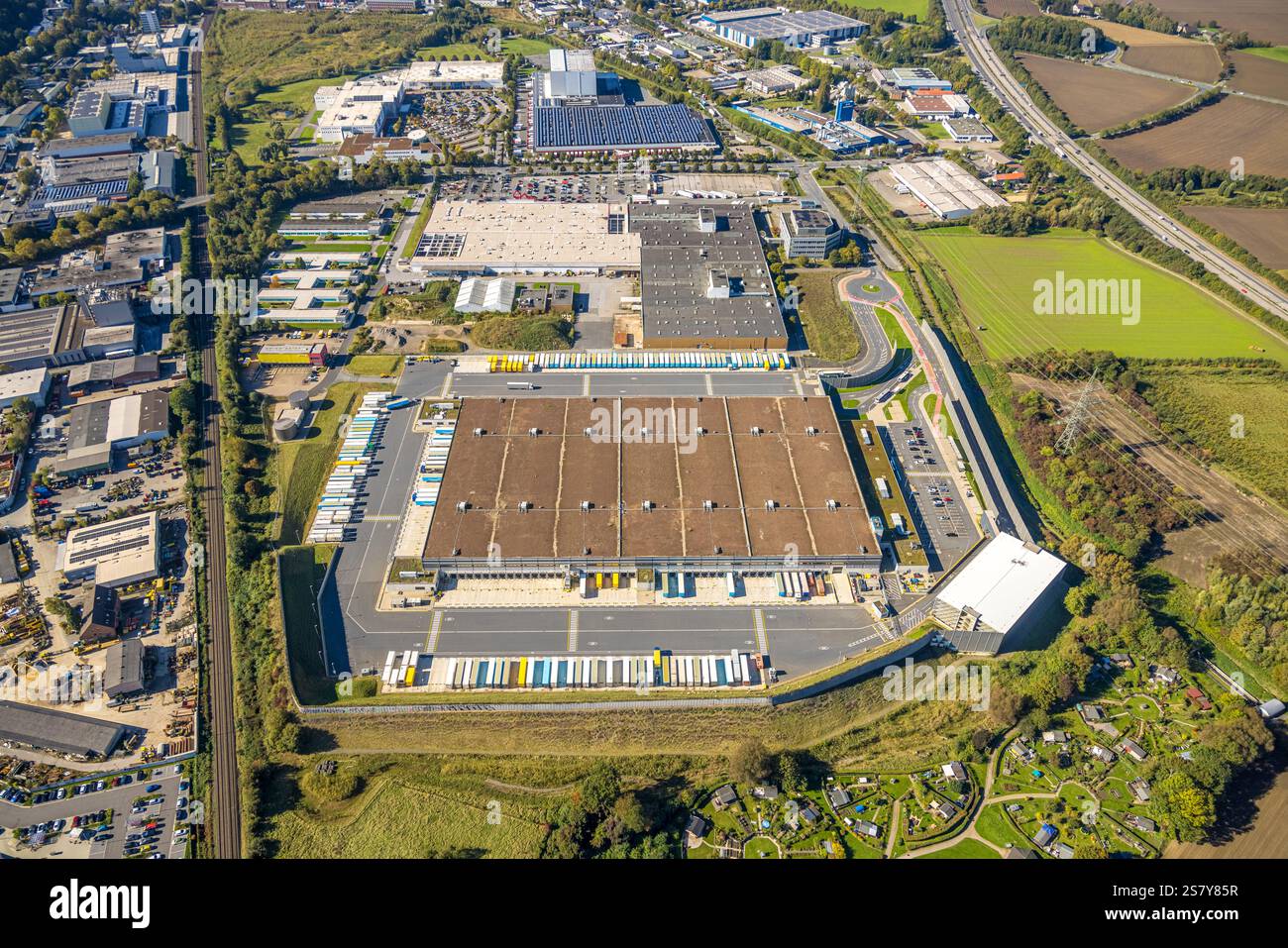 Aerial view, Amazon logistics with container parking lot in the ...