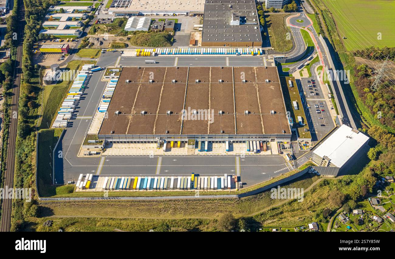 Aerial view, Amazon logistics with container parking lot in the ...