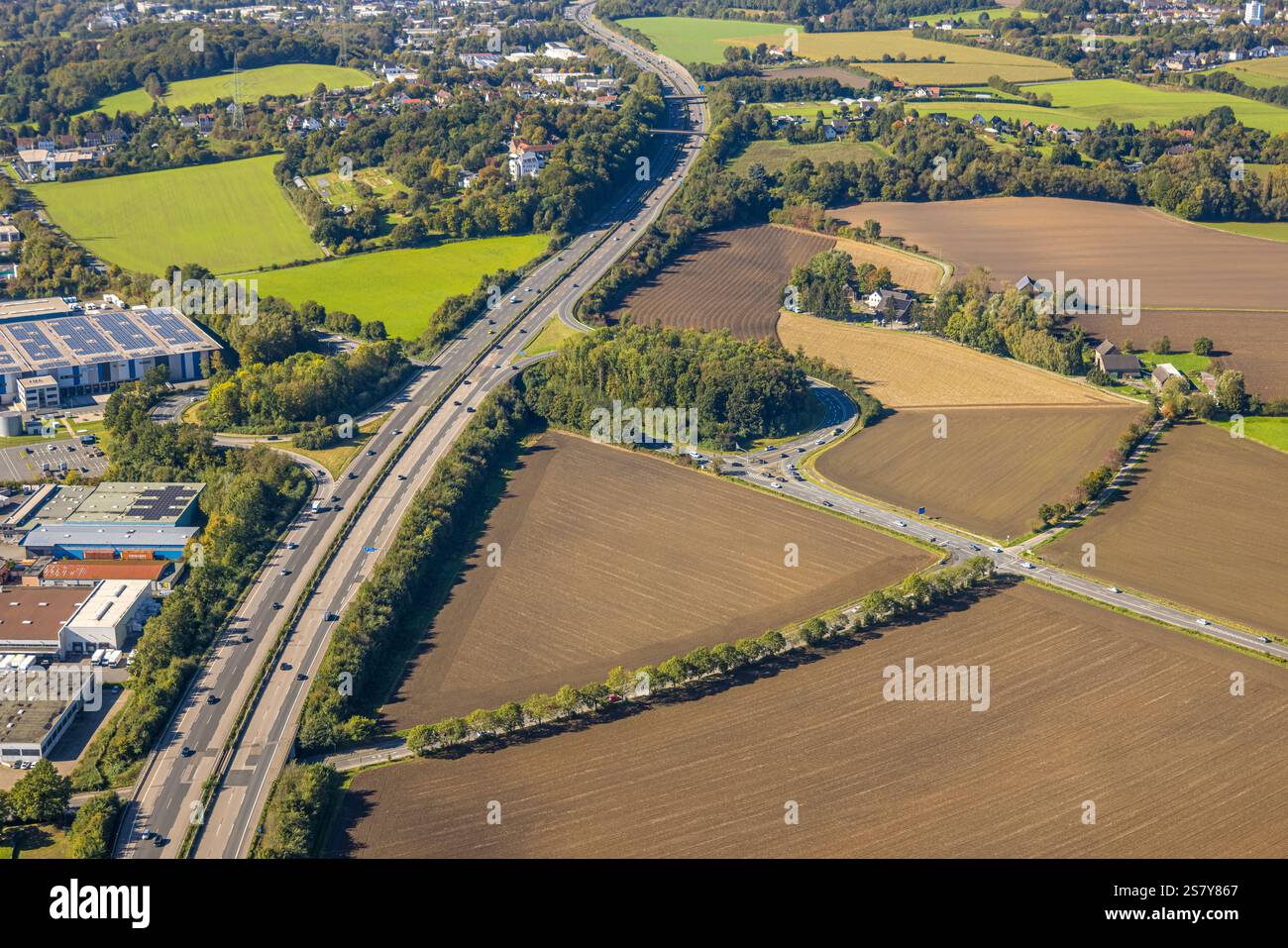 Aerial view, Vöckenberg meadows and fields, highway A44 with junction ...