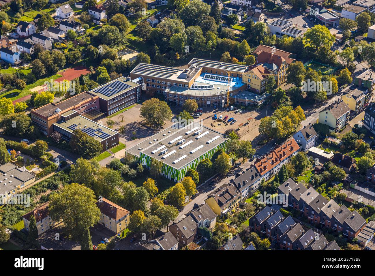 Aerial view, Holzkamp comprehensive school, construction site with ...