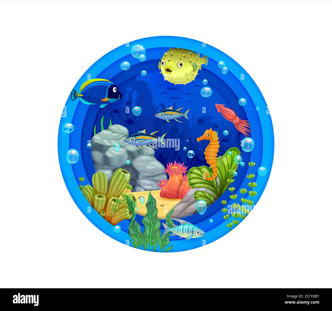 Paper cut banner with underwater landscape vector background, sea ...