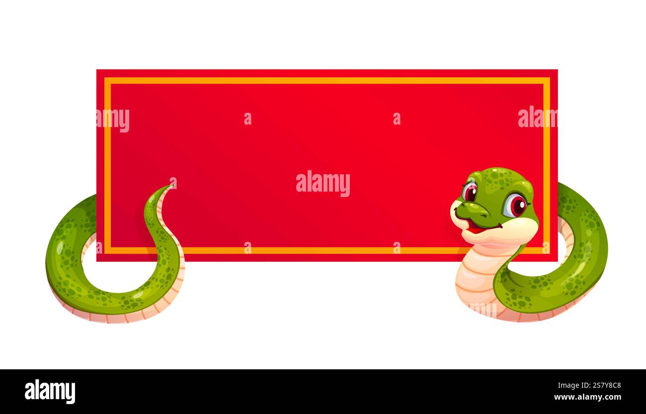 Funny snake character with rectangle banner. Green cartoon vector ...