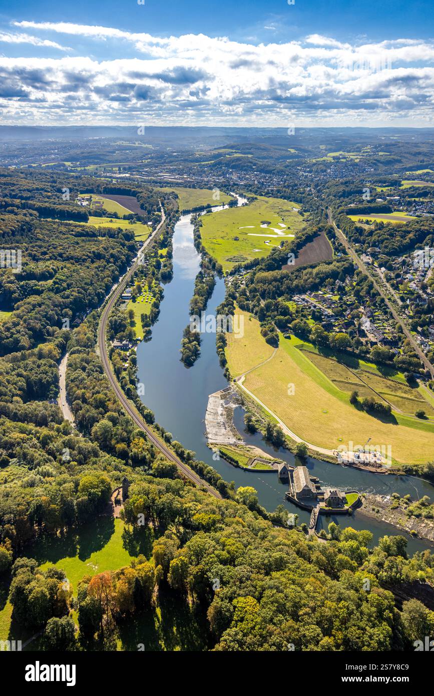 Aerial view, Hohenstein run-of-river power station on the Ruhr river ...
