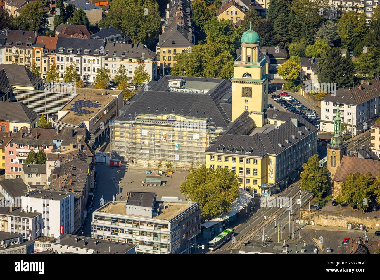 Aerial view, town hall with renovation work, scaffolding on the facade ...