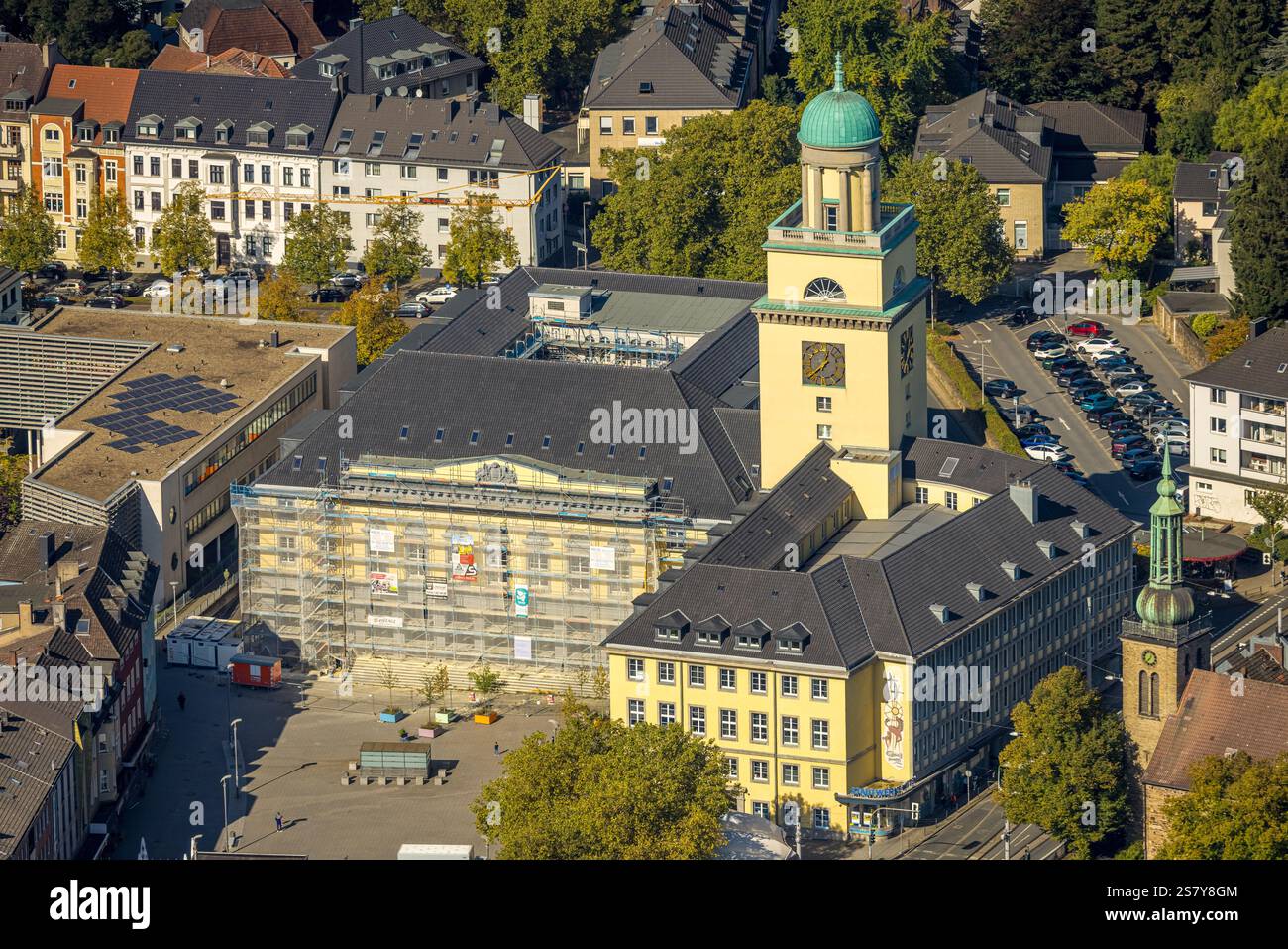 Aerial view, town hall with renovation work, scaffolding on the facade ...