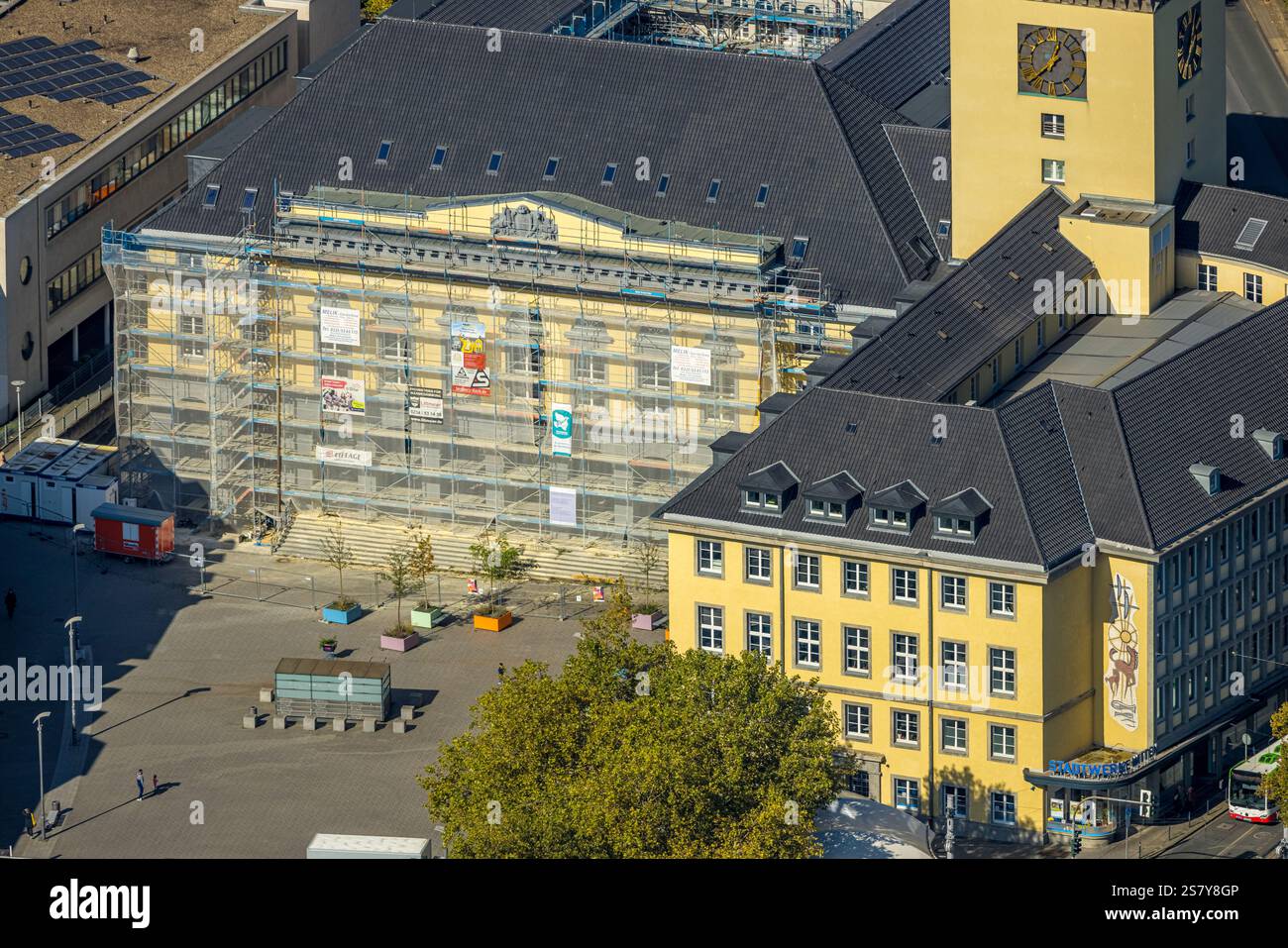 Aerial view, town hall with renovation work, scaffolding on the facade ...