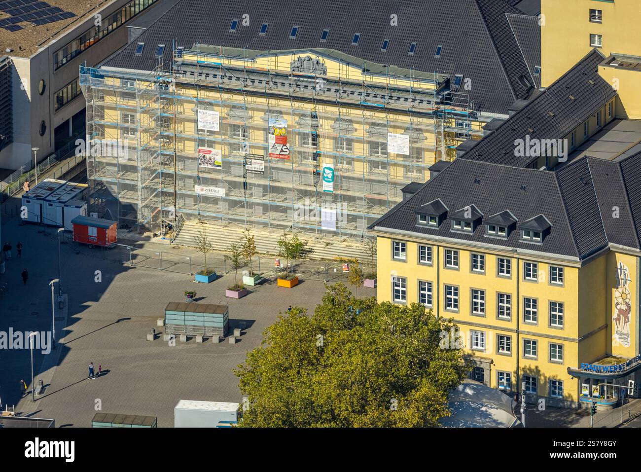 Aerial view, town hall with renovation work, scaffolding on the facade ...